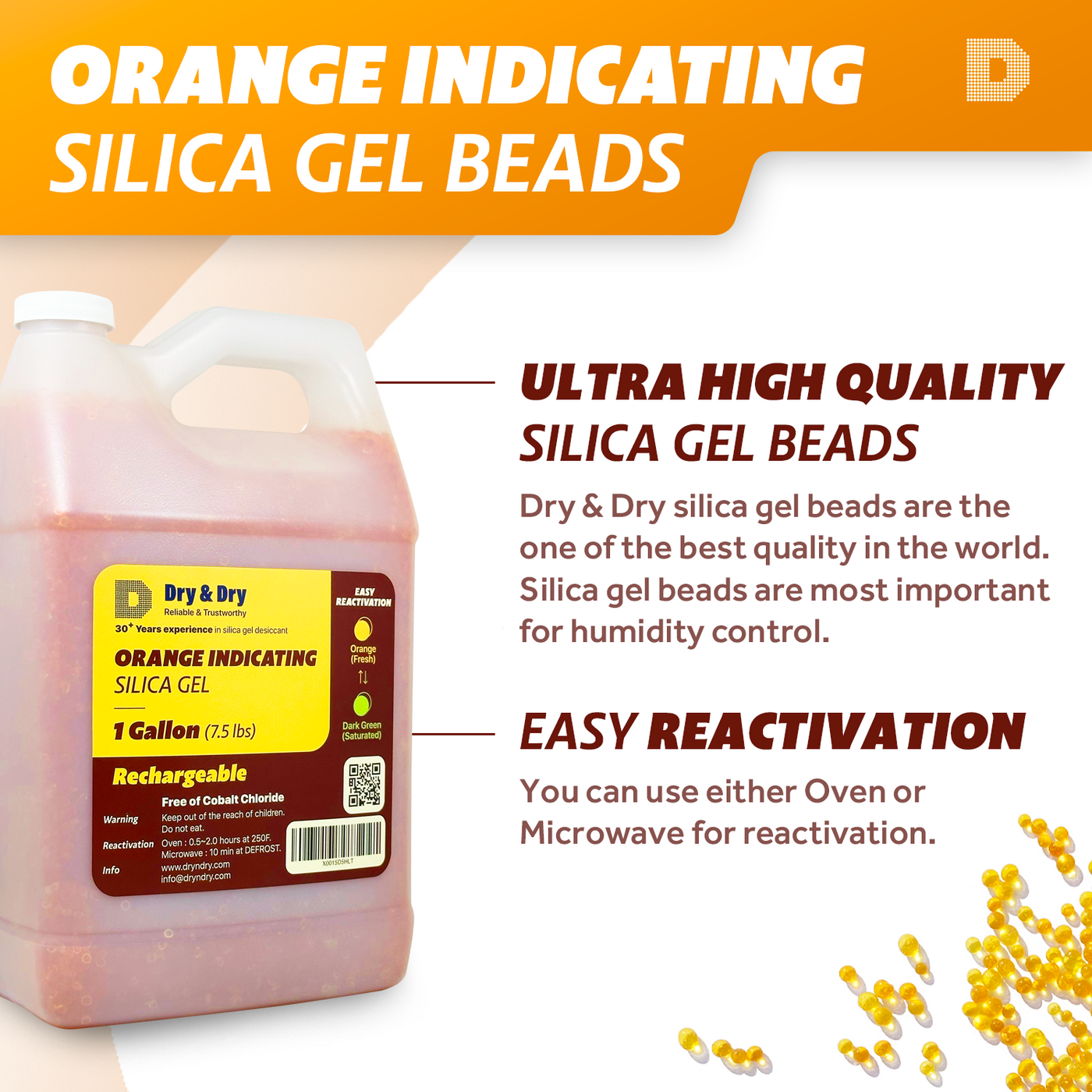 4 Gallon [30 LBS] Orange Premium Indicating Silica Gel Desiccant Beads